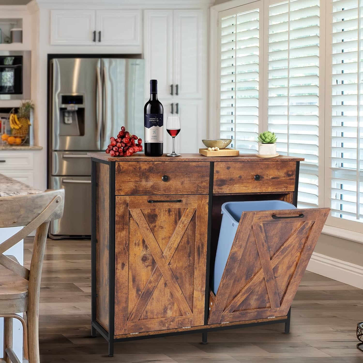 UEV Double Barn Door Style Trash Cabinet, Double Tilt Out Cabinet with ...