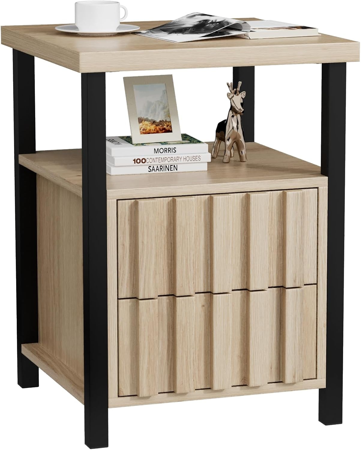 UEV Fluted End Table, 24”Tall Modern Sofa Side Table with 2 Drawers and ...