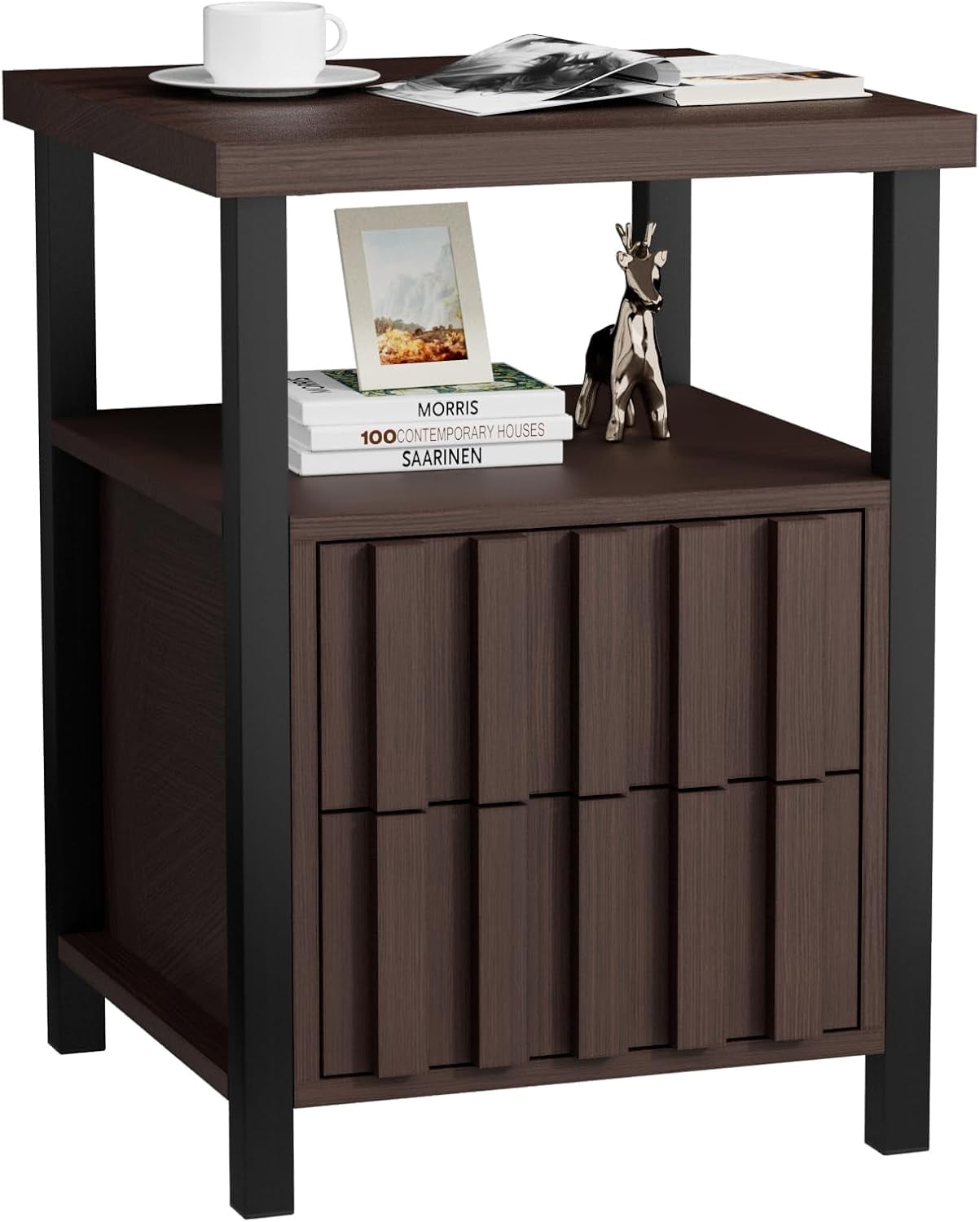 UEV Fluted End Table, 24”Tall Modern Sofa Side Table with 2 Drawers and ...