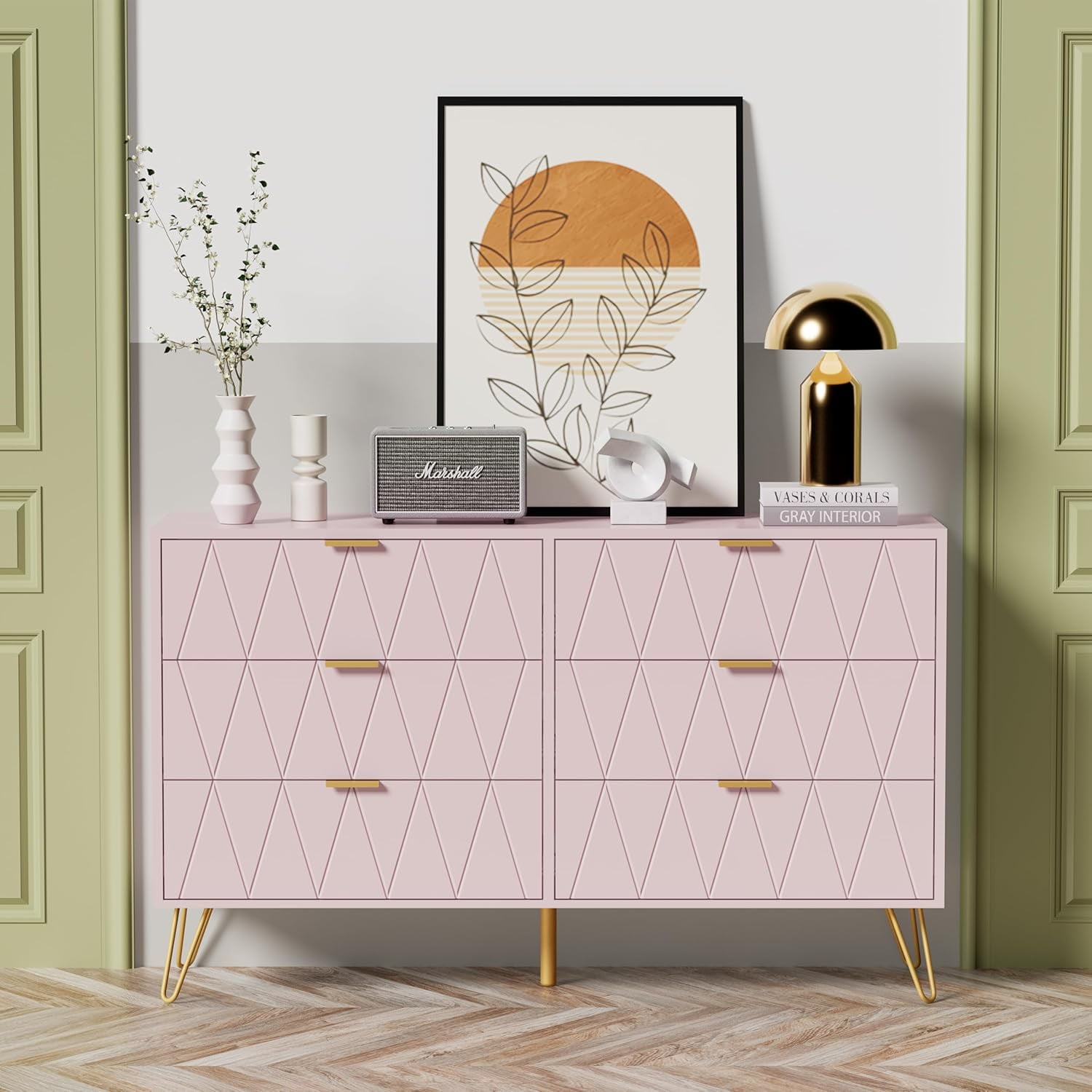 UEV Large Pink 6 Drawer Dresser,Modern Dresser Chest with Wide Drawers and Metal Handles,Wood ...