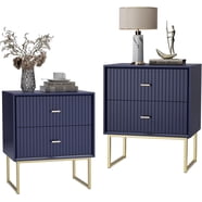 HLR Modern Fluted Wood Navy Blue Nightstand Set of 2 with 2 Drawers ...