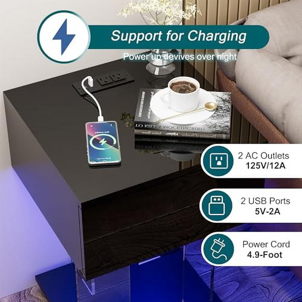 UEV Nightstand Set of 2 with LED Lights,Black Modern Nightstands with ...