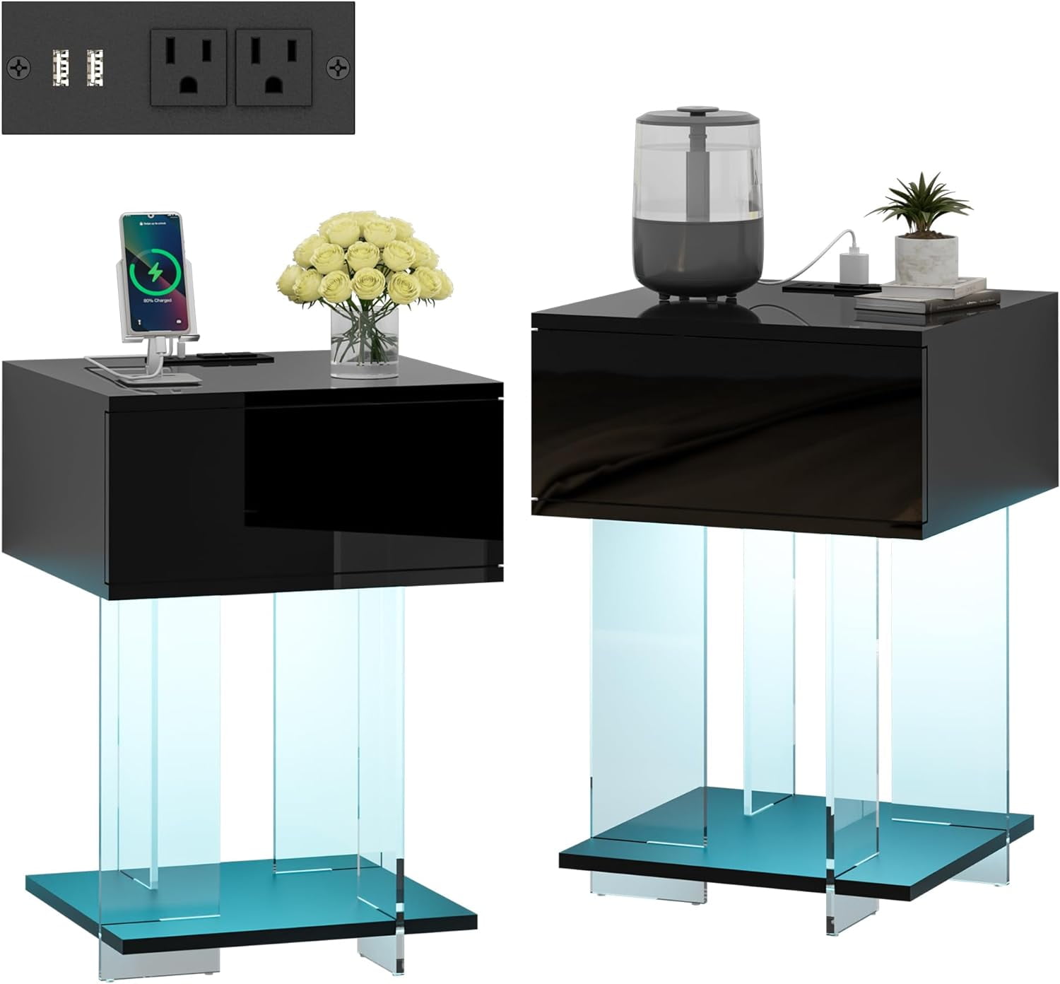 UEV Nightstand Set of 2 with LED Lights,Black Modern Nightstands with ...