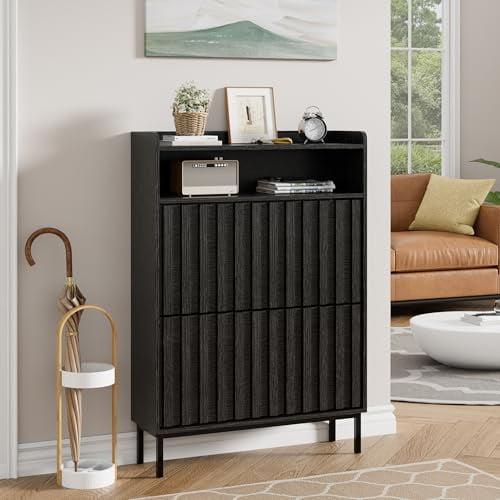 UEV Shoe Cabinet,Black Shoe Storage Cabinet with 2 Drawers & Fluted ...