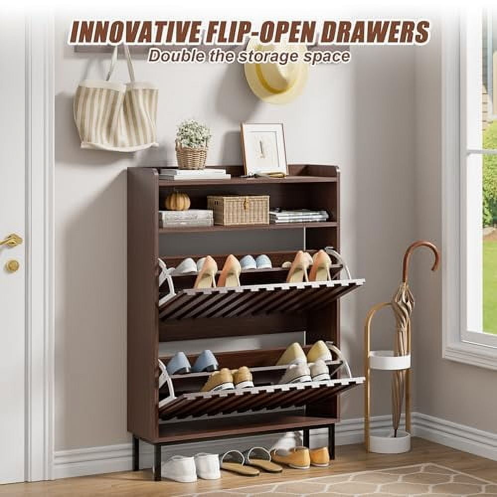 UEV Shoe Cabinet,Walnut Shoe Storage Cabinet with 2 Drawers & Fluted ...