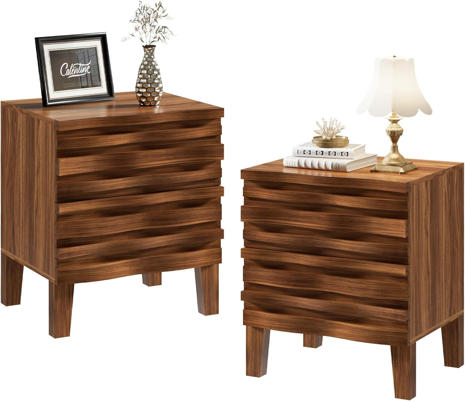 UEV Solid Wood Nightstand Set of 2, 19.7" W Boho Nightstand with 2 ...