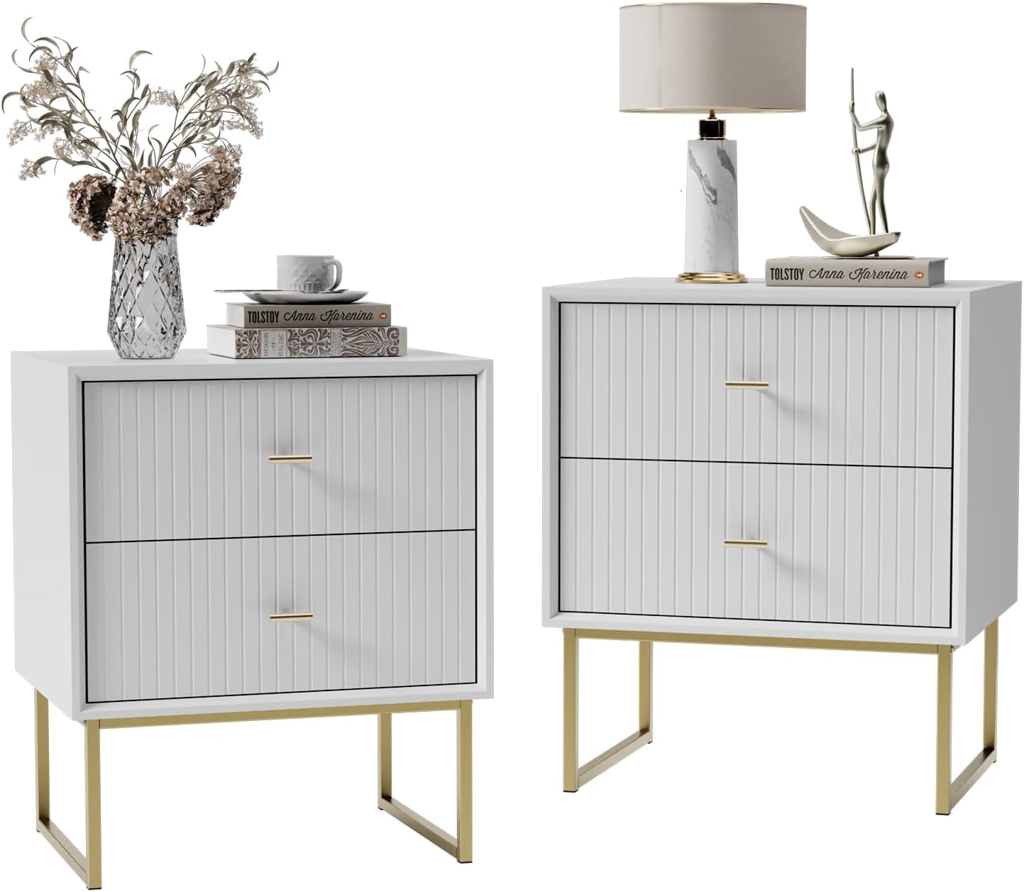 UEV White Nightstand Set of 2,Modern Grooved Stripes Bed Side Table with 2 Drawers,Wood End ...