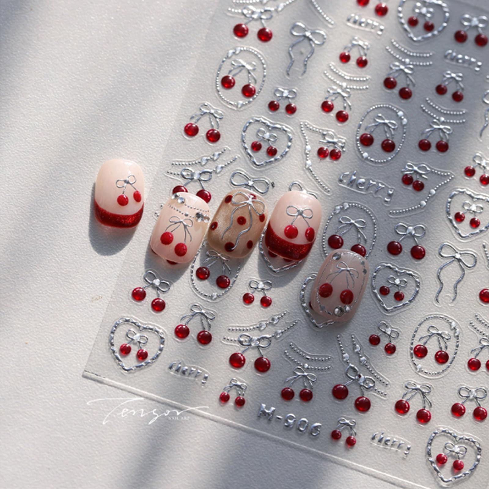 UEYRSEDB 5D Embossed Cherry Nail Stickers Red Crystal Cherry Nail Art ...