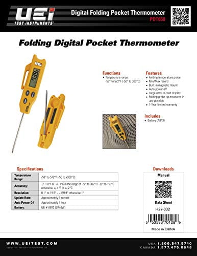 UEi Test Instruments PDT650 Folding Pocket Digital Thermometer,Yellow ...