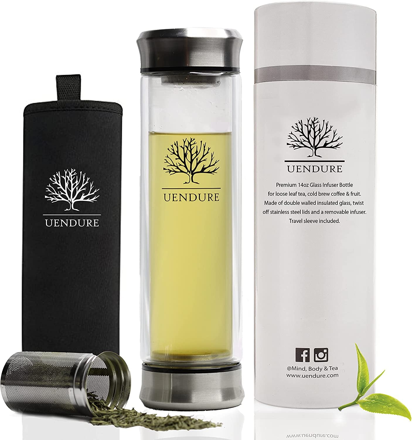 UEndure Tea Tumbler with Infuser - BPA Free Double Wall Glass Travel ...