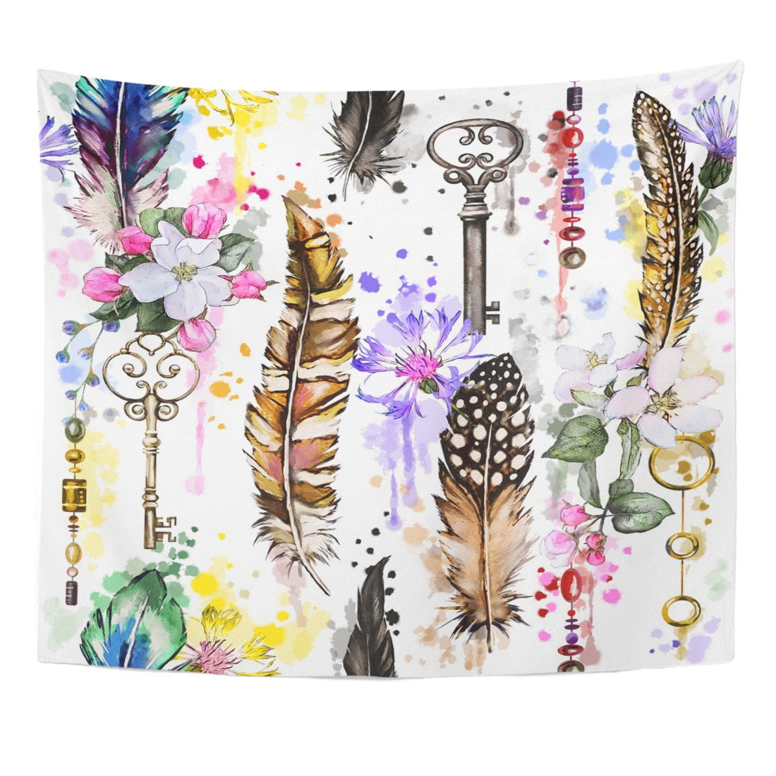 UFAEZU Blue Cornflower Hippy Splash and Feathers Keys Watercolor Floral ...