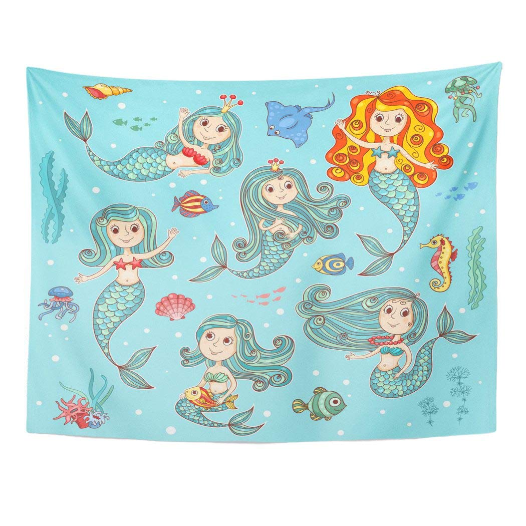 UFAEZU Blue Tail Cute Happy Mermaids Cartoon Hair Sea Little Fish Shell ...