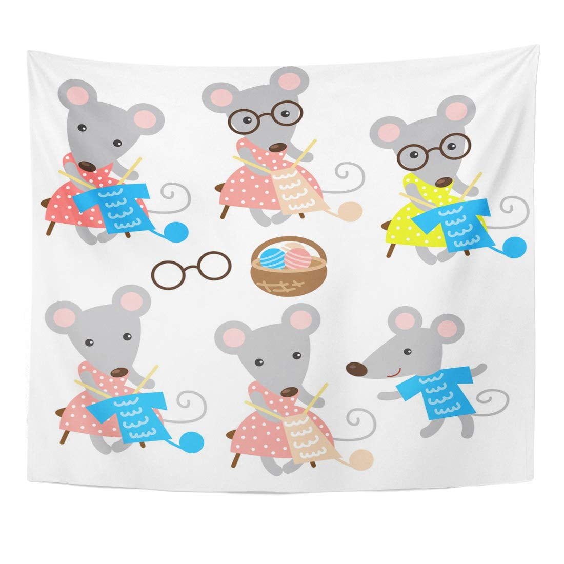 UFAEZU Cute Mouse Cartoon Knitting Little Wall Art Hanging Tapestry ...