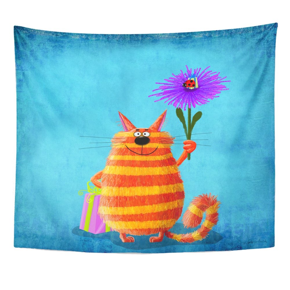 UFAEZU Cute Smiling Striped Cat Holding Big Box And Huge Violet Flower ...