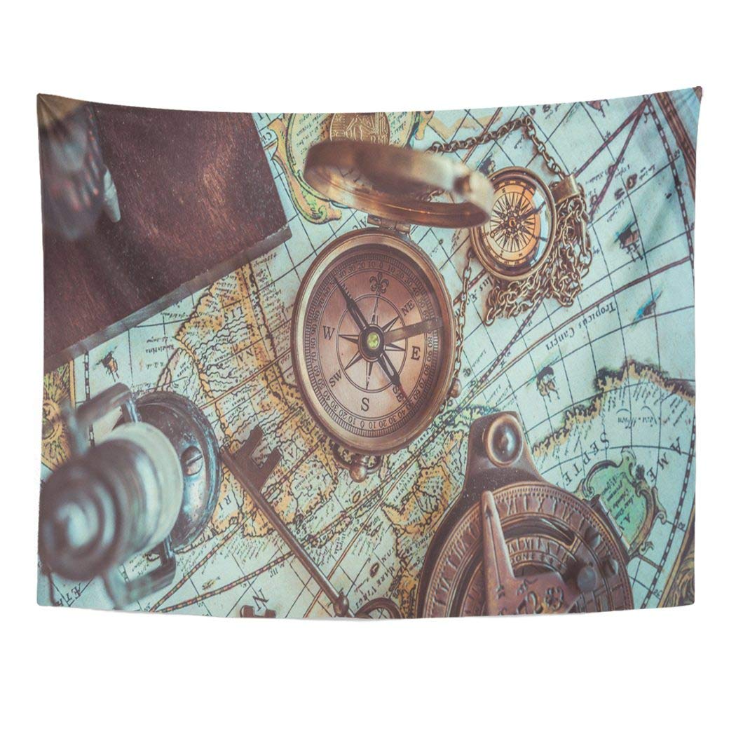 UFAEZU Editorial Retro Brass Compass Lid on Old World Map Top View ...