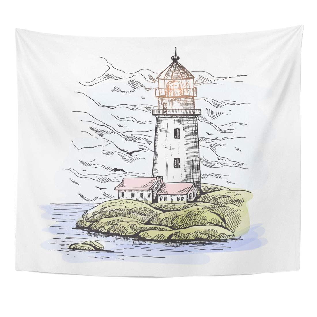 UFAEZU Sketch Lighthouse on Island with Rocks Warehouse Building Keeper ...