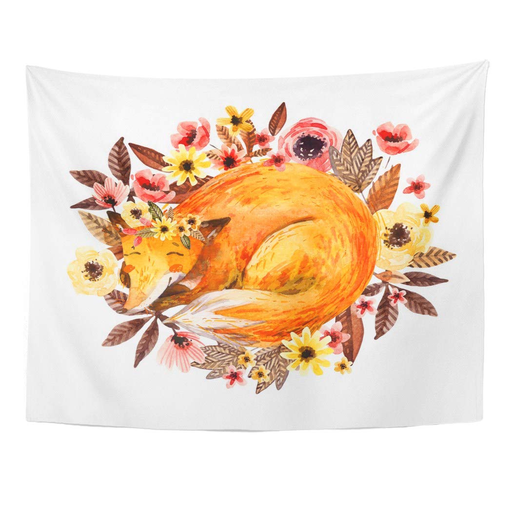 UFAEZU Watercolor Sleeping Fox Among Flowers Cute Drawing in Cartoon ...