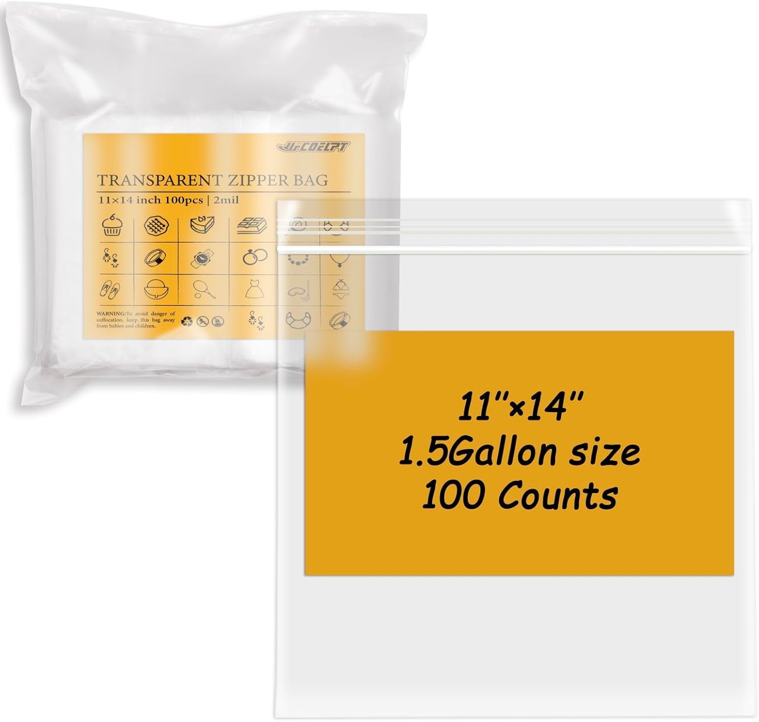 11×14 Large Plastic Ziplock Bags 100x, 2 mil, 1.5 Gallon Size Zip ...
