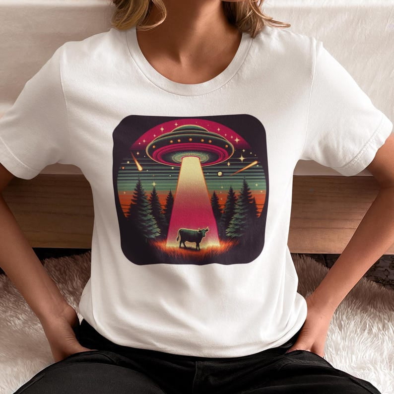 UFO Abducting Cow T-Shirt, Alien Abduction Meme, Sci-Fi Humor, Retro ...