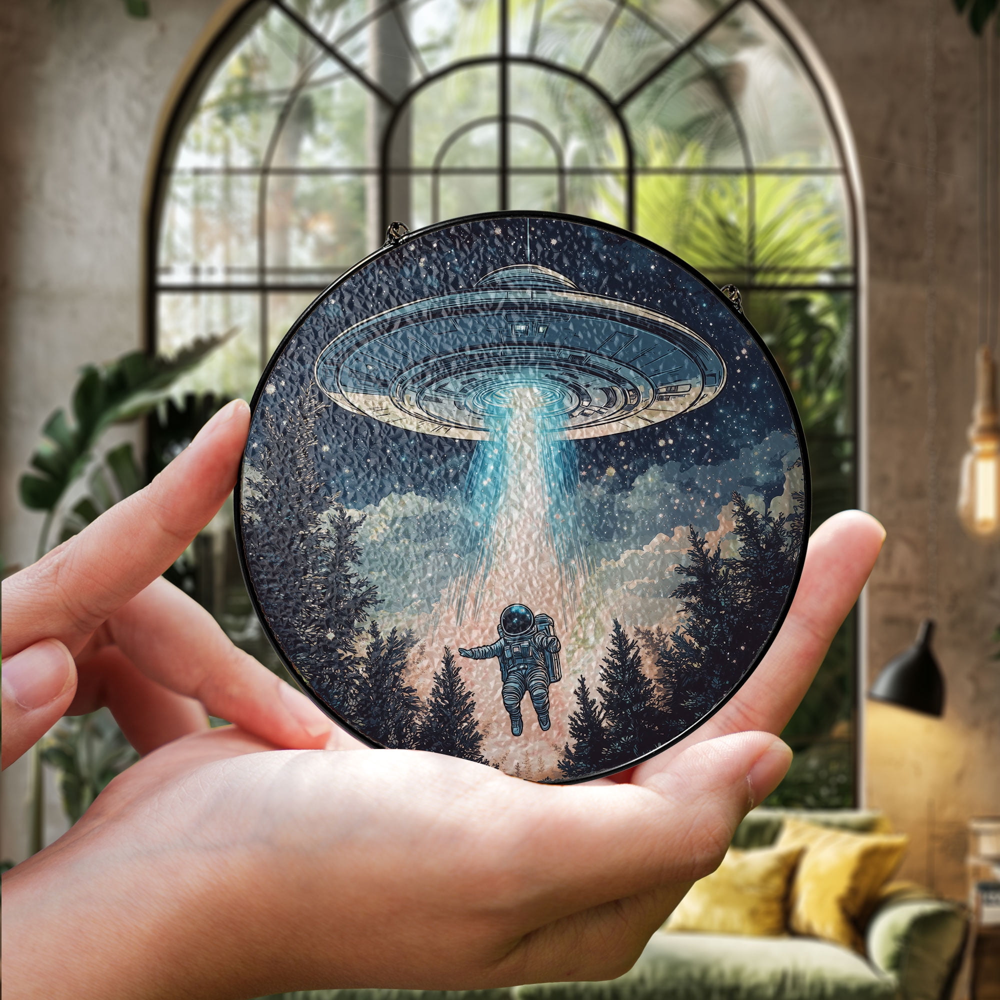 UFO Abduction 2D Flat Stained Glass Window Hanging - Astronaut and ...