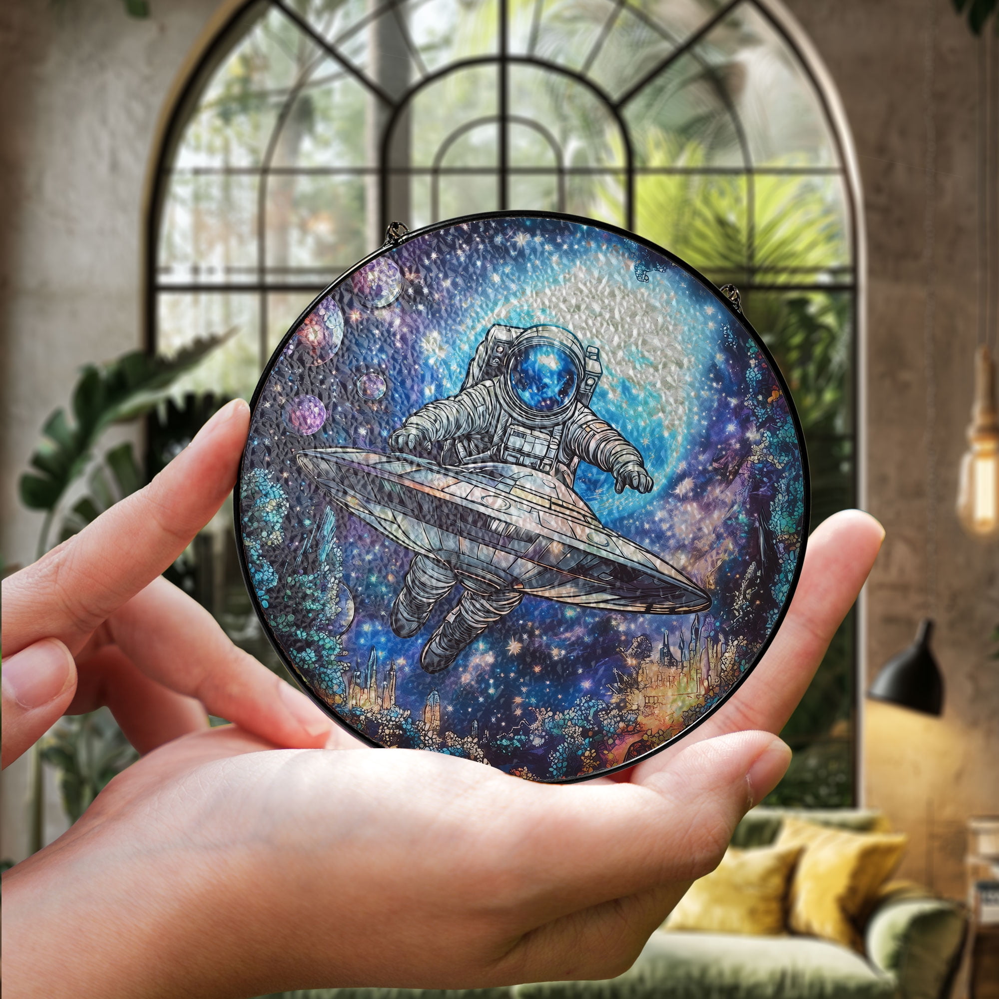 UFO Abduction 2D Flat Stained Glass Window Hanging - Astronaut and ...