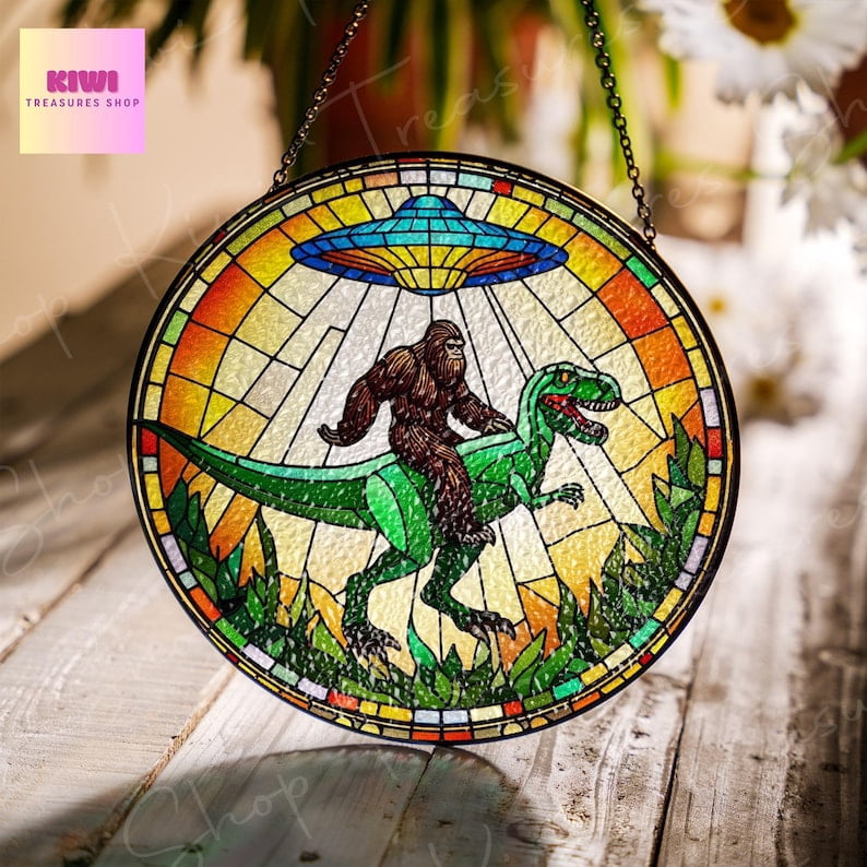 UFO Abduction Bigfoot driving dinosaur Glass Suncatcher - Funny Gifts ...