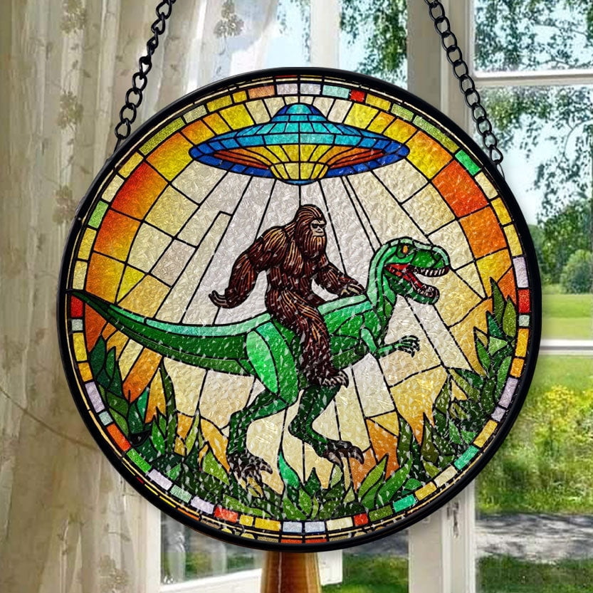 UFO Abduction Bigfoot driving dinosaur Glass Suncatcher - Funny Gifts ...