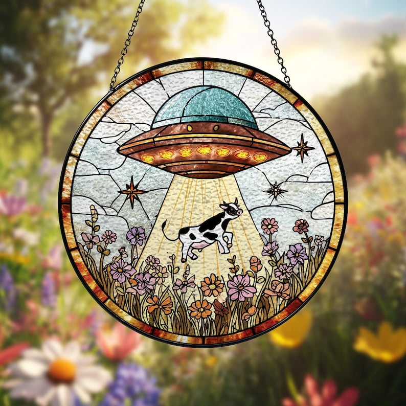 UFO Abduction Cow Wildflowers Glass Suncatcher, Cow UFO Floral Window ...