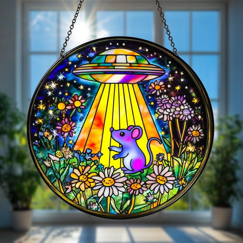 UFO Abduction Opossum Wildflowers Glass Suncatcher - Funny Gifts for ...