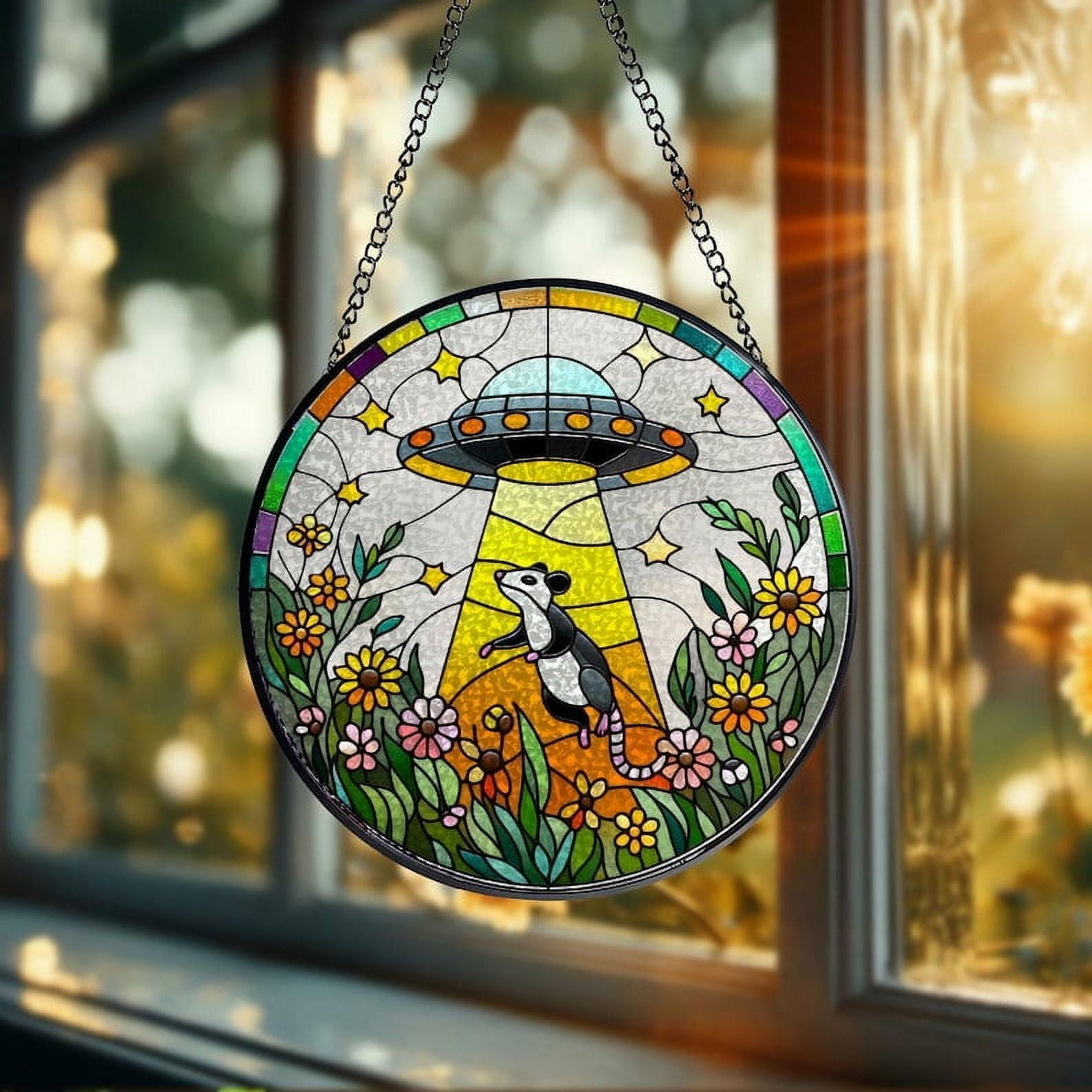 UFO Abduction Opossum Wildflowers Glass Suncatcher - Funny Gifts for ...