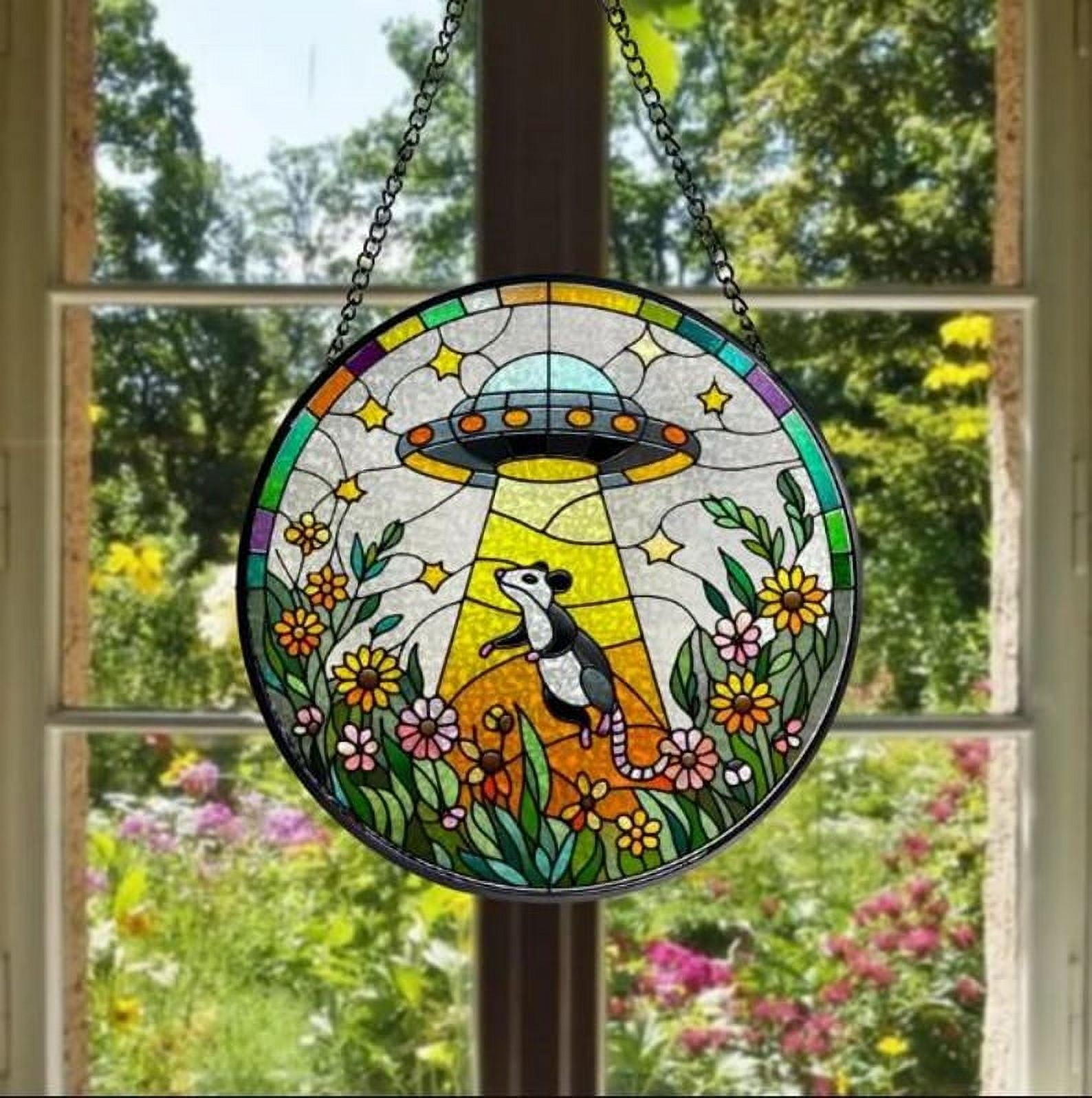 UFO Abduction Opossum Wildflowers Glass Suncatcher, Whimsical Possum ...
