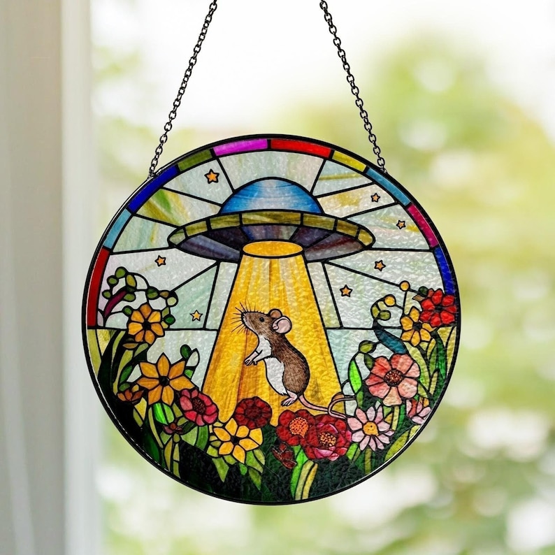 UFO Abduction Opossum Wildflowers Stained Glass Suncatcher, Window ...