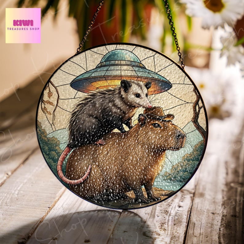 UFO Abduction Opossum and capybara Glass Suncatcher - Funny Gifts for ...