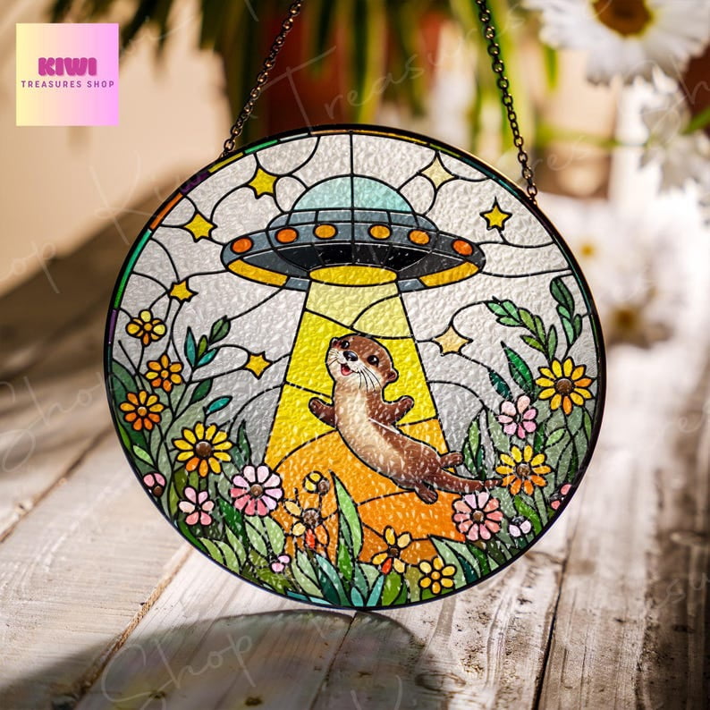 UFO Abduction Otter Wildflowers Glass Suncatcher - Funny Gifts for ...