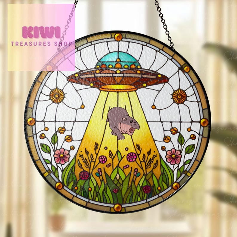 UFO Abduction baby Hippo pygmy Wildflowers Glass Hanigng- Funny Gifts ...