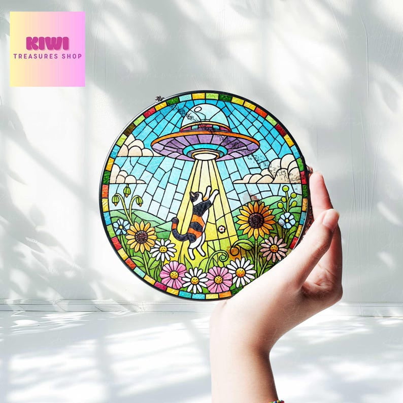 UFO Abduction calico cat Wildflowers Glass Hanigng- Funny Gifts for cat ...