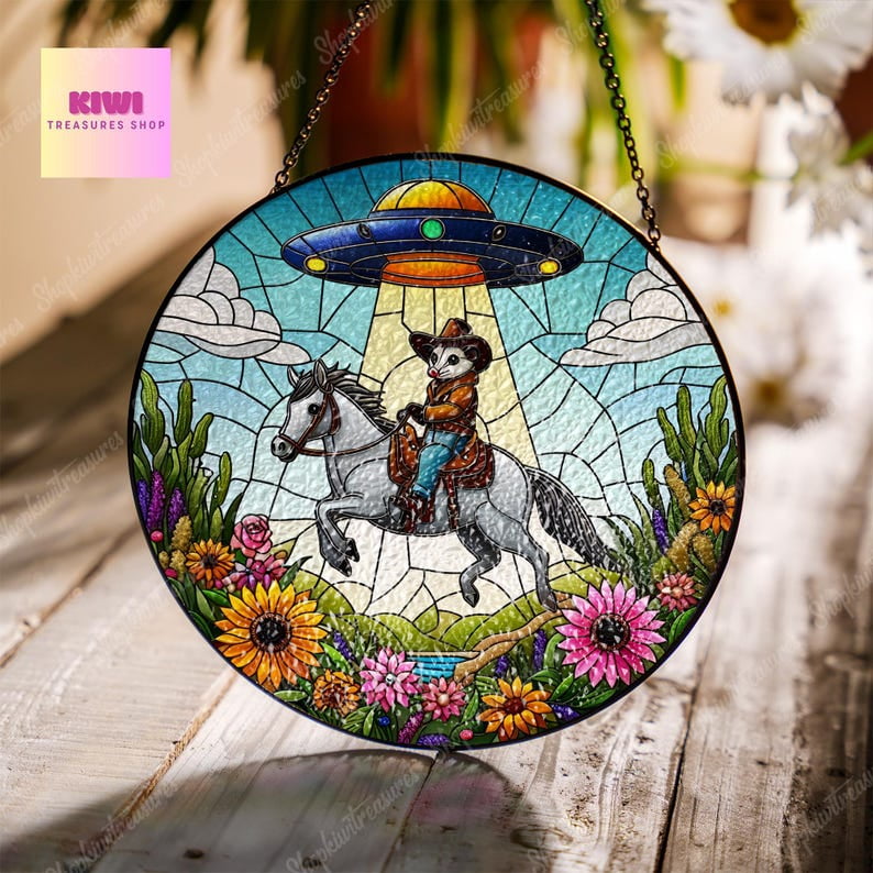 UFO Abduction cowboy Opossum Wildflowers Glass Suncatcher - Funny Gifts ...