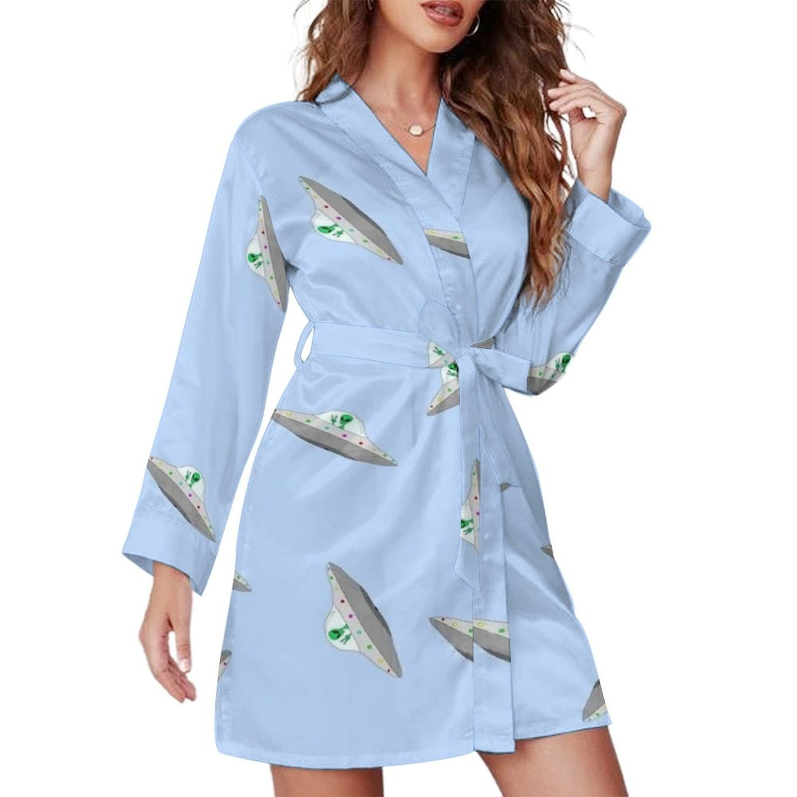 UFO Alien Night Robe Long Sleeve V Neck Robe With Belt Women's ...