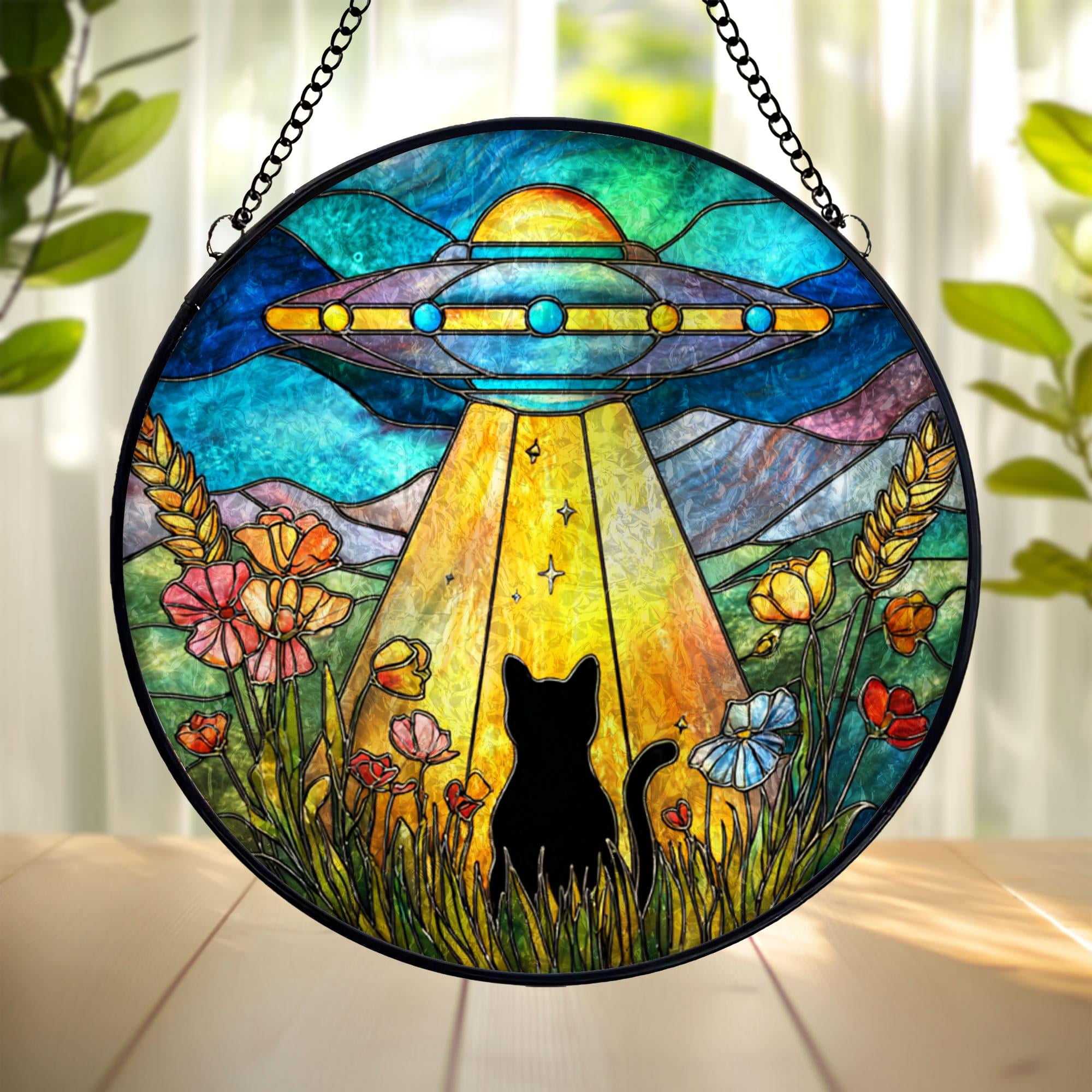 UFO Cat Suncatcher, Stained Glass Style Acrylic Window Hanging, Alien ...