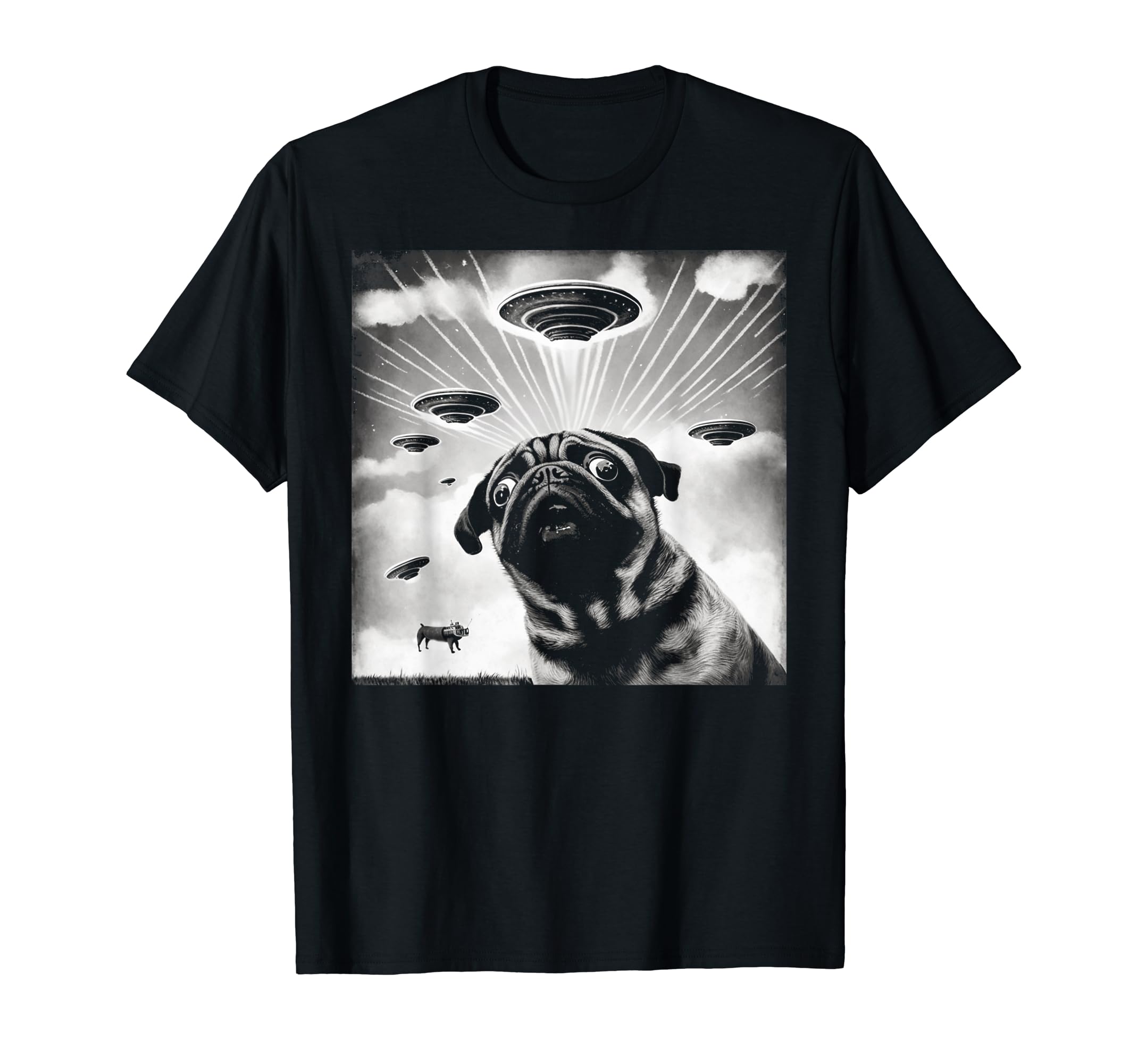 UFO Flying Alien UAPs Funny Pug Selfie Retro T-Shirt Black Tee ...