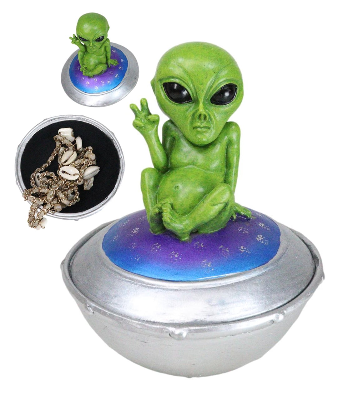 UFO Green Extra Terrestrial Roswell Alien On Spaceship Trinket Box ...