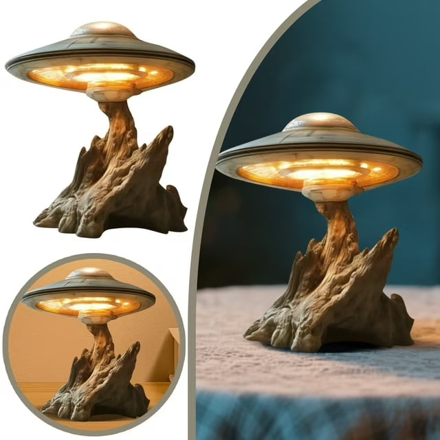 UFO Lamp with Tree Trunk Base, Unique Rechargeable Bedside UFO Desk ...