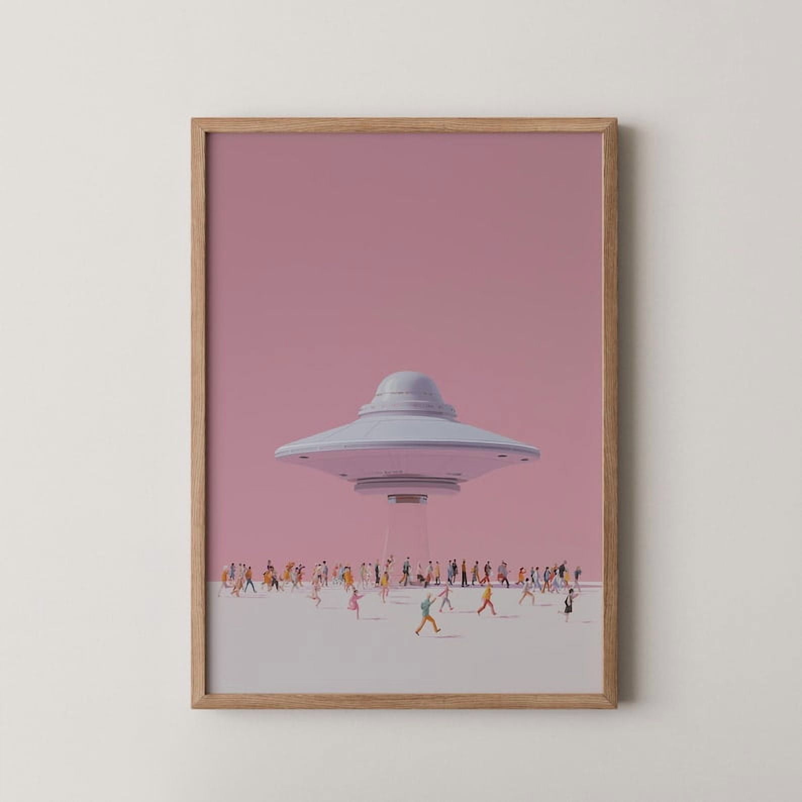 UFO Landing Wall Art Poster, Surreal Sci-Fi Crowd Illustration on Pink ...