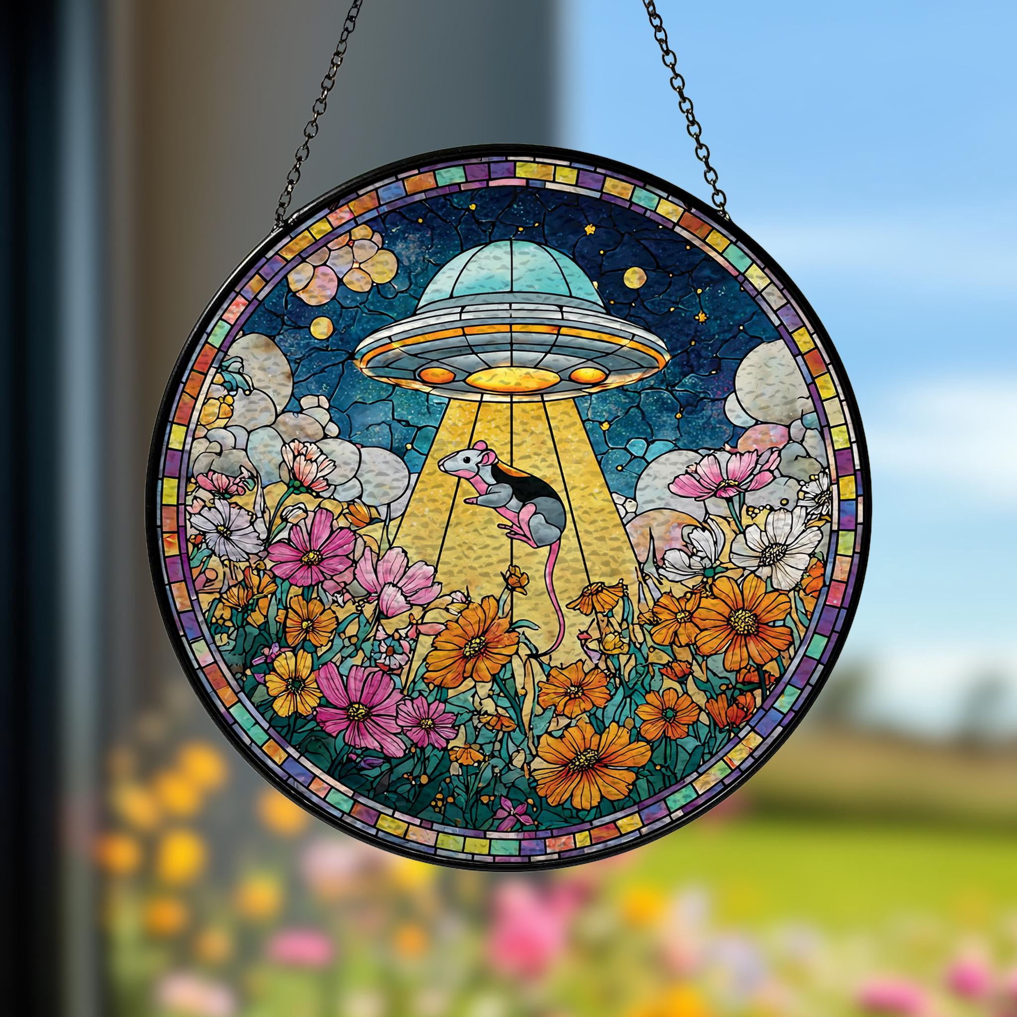 UFO Opossum Wildflowers Stained Glass Suncatcher, Opossum Window ...
