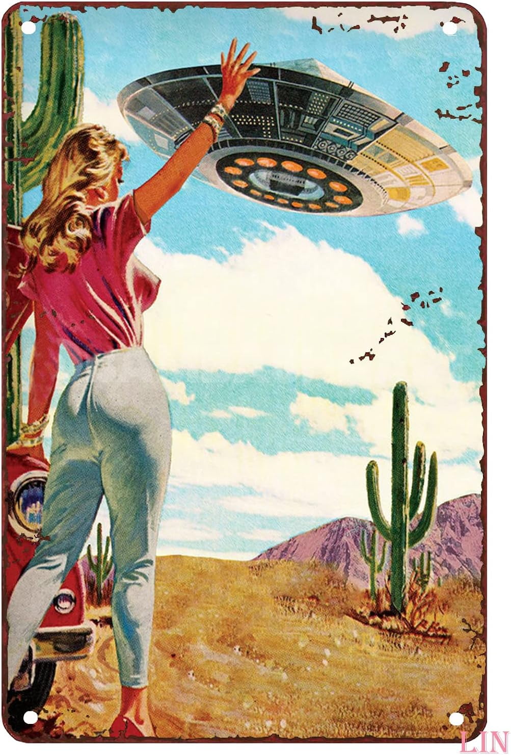UFO Sign Woman and UFO Trippy Wall Vintage Art Space Art Art Print UFO ...
