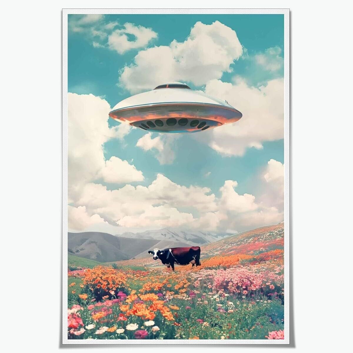 UFO Trippy Wall Art Vintage Cosmic Art Aliens Abduct Cows Canvas Prints ...