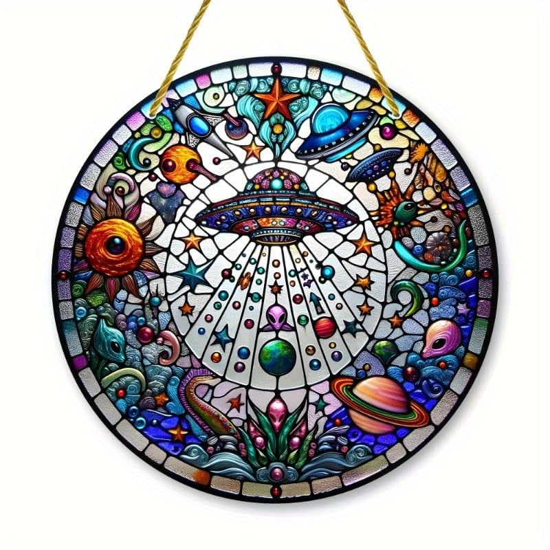 UFO and Alien Design Round Acrylic Ornament - 2D Wall Art with Hanging ...