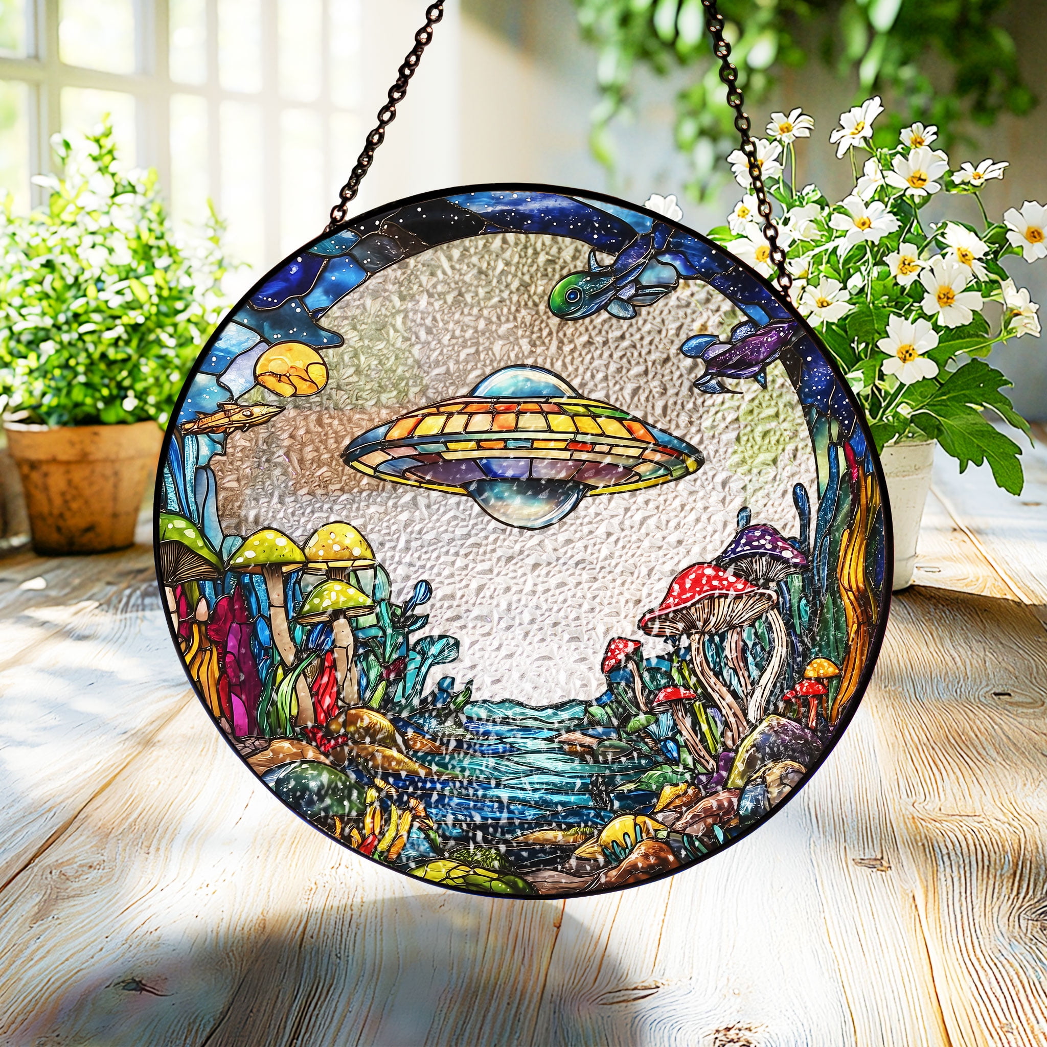 UFO and fantasy landscape stained glass suncatcher, vibrant alien ...