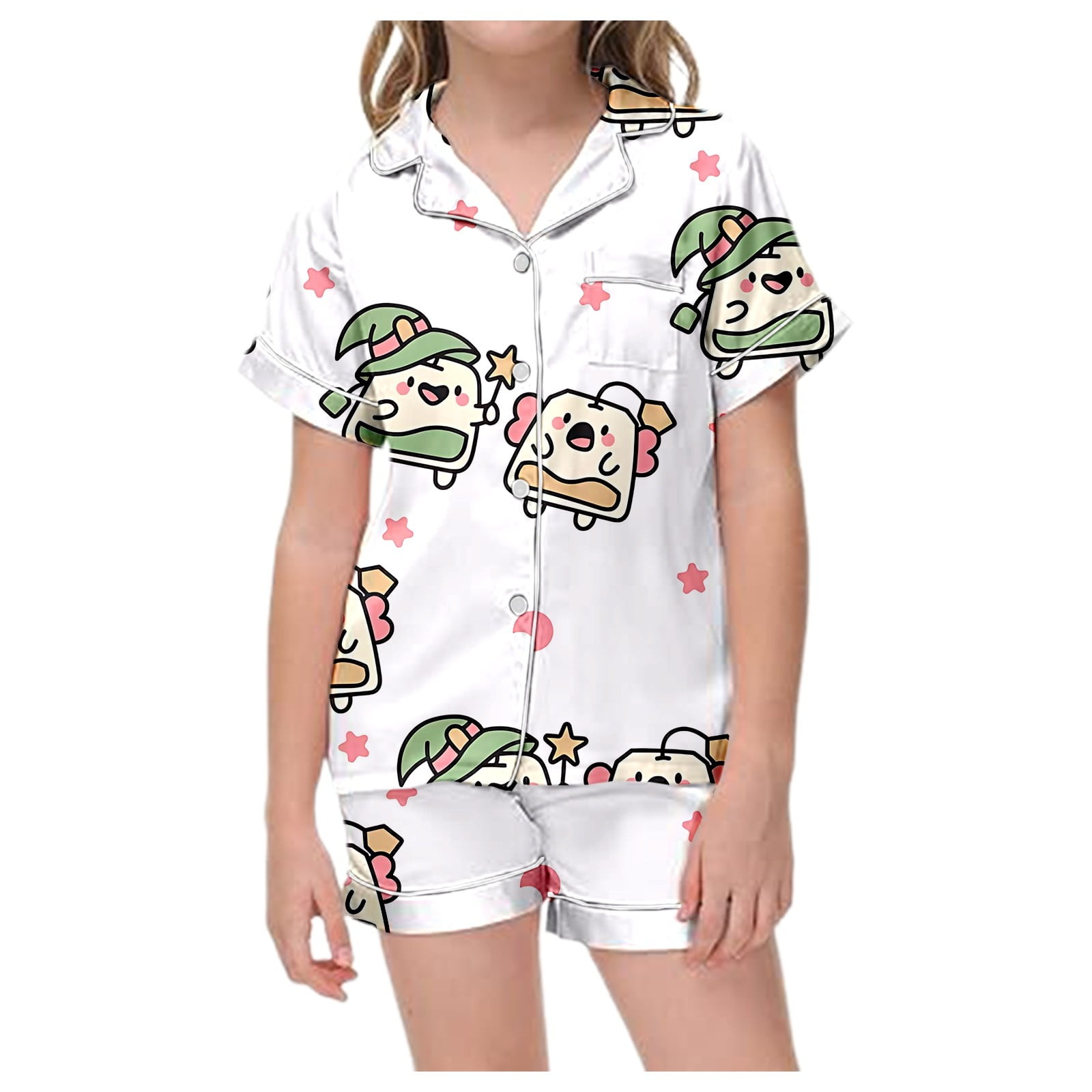 UFOUND Toddler Children Girls Cute Printed Sleepwear Short Sleeve Button Up Top Shorts Home ...