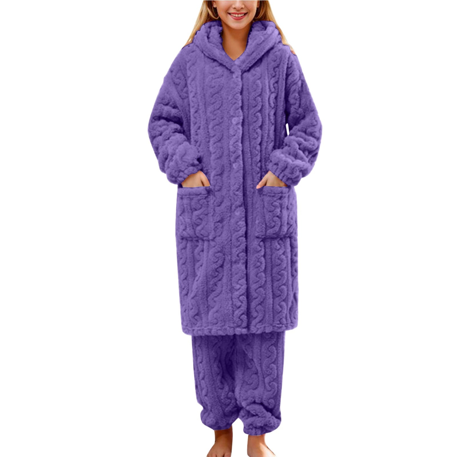 UFOUND Women Fuzzy Pajama Set Warm Fluffy Long Sleeve Sleepwear Plush ...